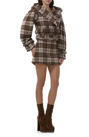 AFRM Plaid Double-breasted Hooded Crop Jacket