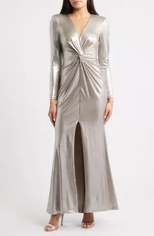 Eliza J Metallic Twist Waist Long Sleeve Gown - Tpe