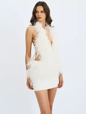 MISS CIRCLE NEW YORK Feathered Halter Mini Dress