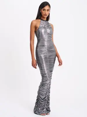 MISS CIRCLE NEW YORK Abril Ruched Glitter Backless Gown