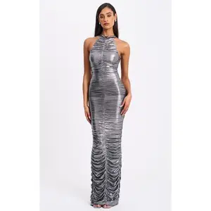 MISS CIRCLE NEW YORK Abril Ruched Glitter Backless Gown - Silver