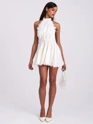 MISS CIRCLE NEW YORK Beaded Lace Trim Backless Halter Mini Dress