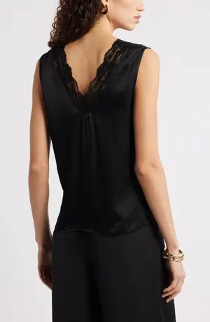 Nordstrom Lace Trim Satin Tank - Black