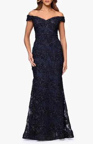 XSCAPE EVENINGS Sequin And Lace Off-the-shoulder Gown