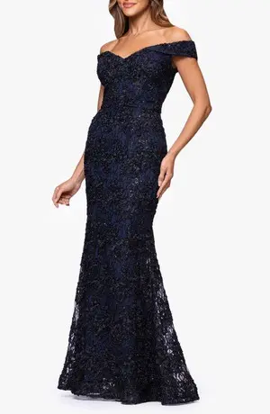 XSCAPE EVENINGS Sequin And Lace Off-the-shoulder Gown
