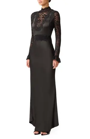 ELLIATT Margot Lace Inset Long Sleeve Gown - Black