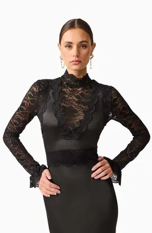 ELLIATT Margot Lace Inset Long Sleeve Gown - Black