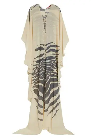 CONNER IVES Hand-painted Zebra Print Long Sleeve Silk Chiffon Caftan