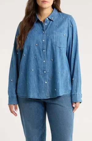 Caslon Crystal Embellished Chambray Shirt