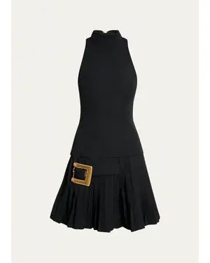 Balmain Belted Pleated Halter Mini Dress - Noir