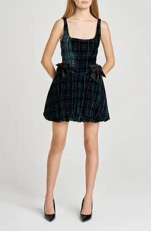 WAYF Brielle Bubble Hem Velvet Minidress - Blue-green Plaid