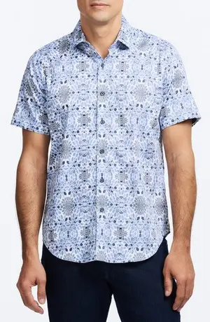 Robert Graham Amagansett Abstract Floral Short Sleeve Stretch Cotton Button-up Shirt - Blue Multi