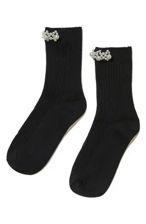 STEMS Faux Pearl Trimmed Crew Socks - Black