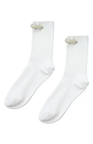 STEMS Faux Pearl Trimmed Crew Socks - White