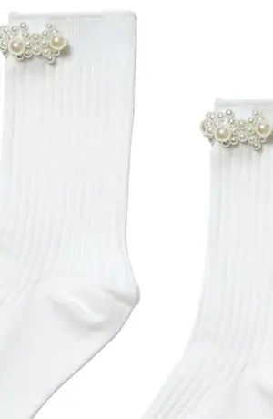 STEMS Faux Pearl Trimmed Crew Socks - White