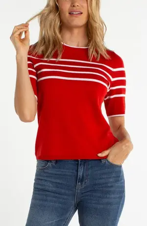 LIVERPOOL Stripe Short Sleeve Sweater - Fire Brick/white Stripe