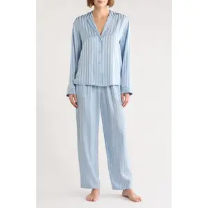 Lunya Stripe Washable Silk Button-up Pajamas - Frosted Lagoon Jacquard