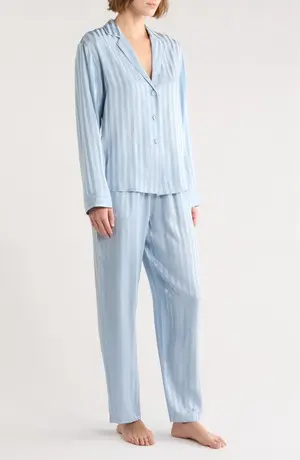 Lunya Stripe Washable Silk Button-up Pajamas - Frosted Lagoon Jacquard