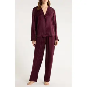 Lunya Stripe Washable Silk Button-up Pajamas - Vintage Merlot Jacquard