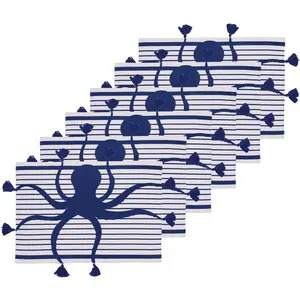 C&F HOME Indigo Octopus Stripes And Tassels Placemats Set Of 6 - Blue