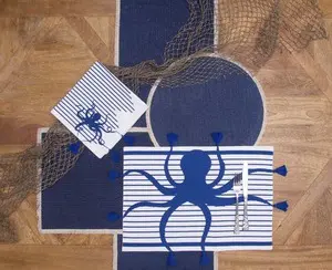C&F HOME Indigo Octopus Stripes And Tassels Placemats Set Of 6