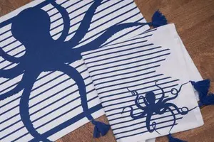 C&F HOME Indigo Octopus Stripes And Tassels Placemats Set Of 6