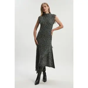 Karen Millen Tweed Yarn Fringe Trim Knitted Midi Dress - Black