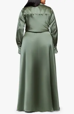XSCAPE EVENINGS Long Sleeve Satin Gown