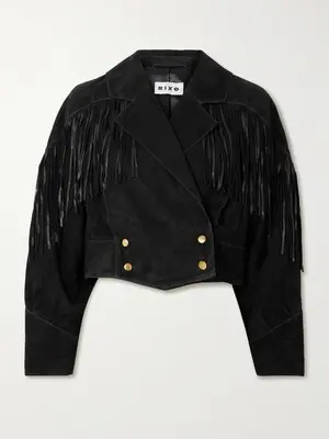 Rixo Darragh Fringed Double-breasted Suede Jacket - Black