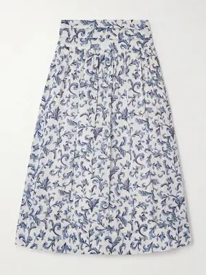 Posse Rue Pleated Printed Linen And Silk-blend Midi Skirt - Blue