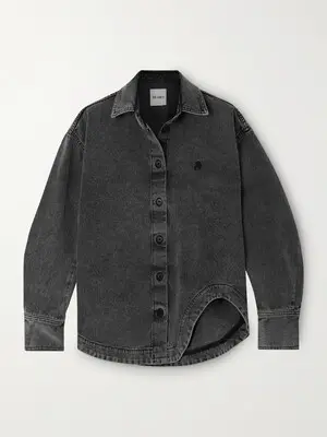 Attico Eliza Asymmetric Embroidered Denim Shirt - Black