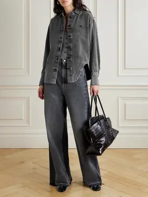 Attico Eliza Asymmetric Embroidered Denim Shirt - Black