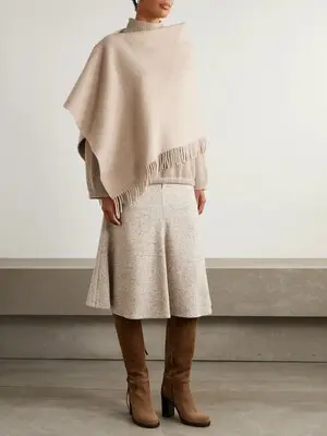 Brunello Cucinelli Fringed Wool And Cashmere-blend Poncho - Neutrals