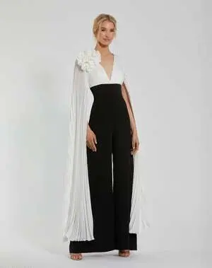 Mac Duggal Pleated Charmeuse And Crepe Wide Leg Jumpsuit - Black Ivory