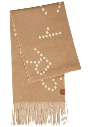 Stella McCartney Logo Fringed Wool Scarf - Camel