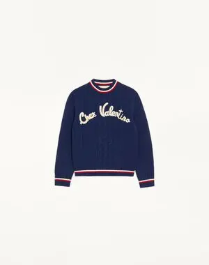 Valentino Garavani Wool Jumper With Embroidered Rhinestone Bow - Blue/birch