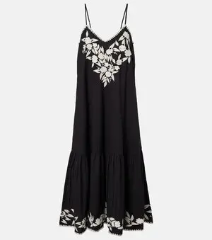 JULIET DUNN Embroidered Cotton And Linen Midi Dress - Black