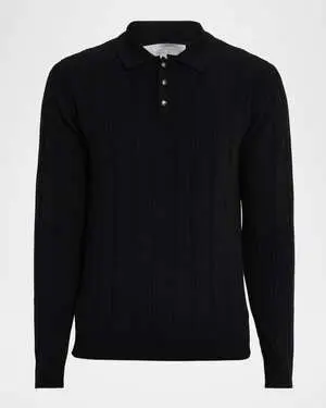 Neiman Marcus Cashmere Rib-Knit Polo Sweater - 001blk