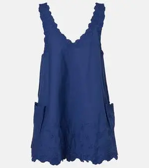 JULIET DUNN Floral Embroidered Cotton Poplin Mini Dress - Blue