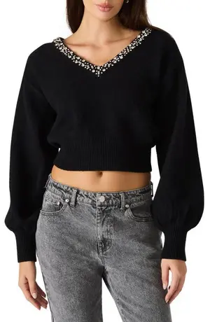 Steve Madden Evilyn Embellished V-neck Crop Pullover
