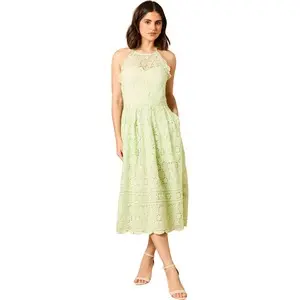 OASIS Lace Detail Halterneck Midi Dress - Sage