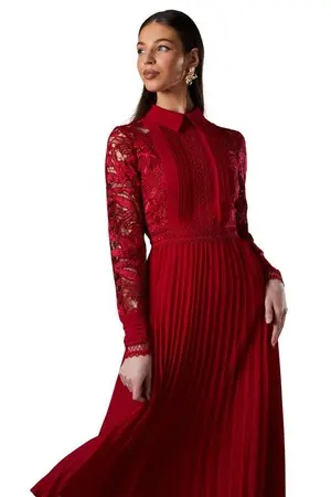 Coast Long Sleeve Lace Midi Shirt Dress - Red