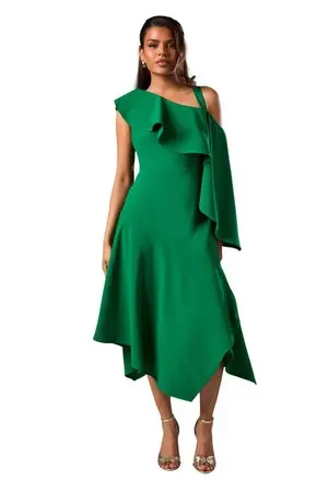 Coast Petite Asymmetrical Ruffled Midi Dress - Emerald