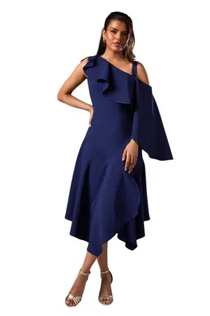 Coast Coast Petite Asymmetrical Ruffled Midi Dress Navy