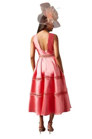 Coast Petite Plunge Neck Twill Midi Dress With Lace Trims
