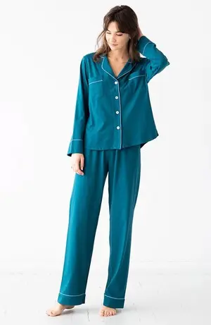 SALUA Classic Pajamas In Pima Cotton - Deep Teal/light Blue