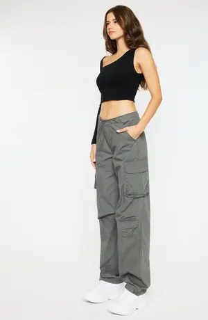KANCAN High Rise Relaxed Cargo Pants With Patched Pockets And Tunnel Hem