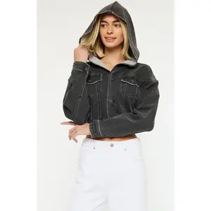 KANCAN Andie Cropped Hooded Denim Jacket - Black Charcoal