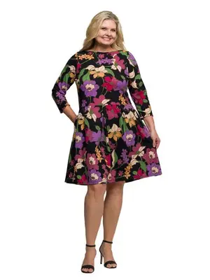24SEVEN COMFORT APPAREL Floral Fit And Flare Knee Length Dress - Black Multi