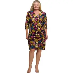 24SEVEN COMFORT APPAREL Floral Print Faux Wrap Dress - Purple Multi